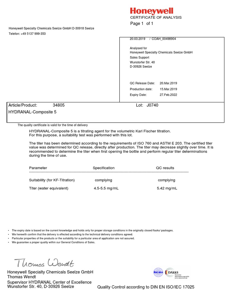 HYDRANAL-Composite 5 Lote J0740 | PDF | Chemistry | Business