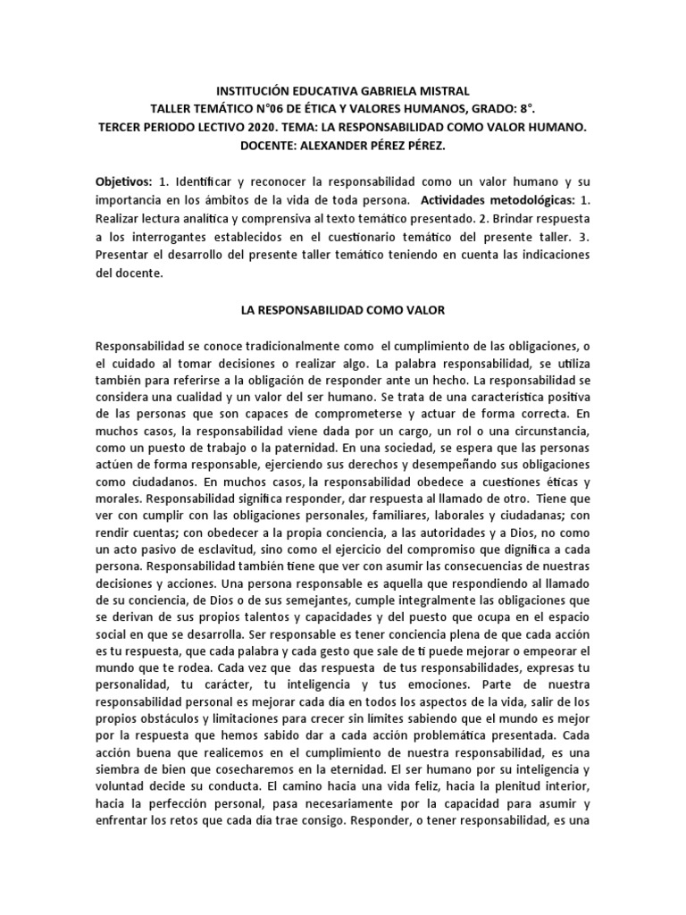 Taller #06 Ética. 8°. 3cer Periodo. La Responsabilidad Como Valor Humano. | PDF | La naturaleza ...