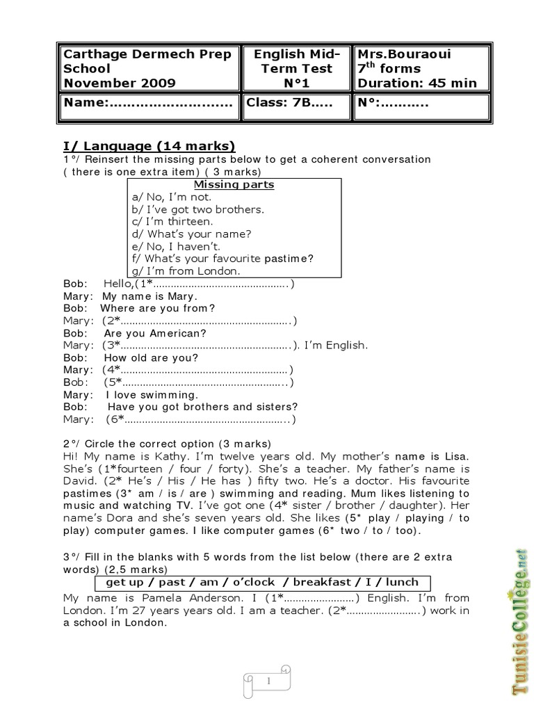 Devoir de Contrôle N°1 - Anglais - 7ème (2009-2010) Mme Bouraoui Nabila ...