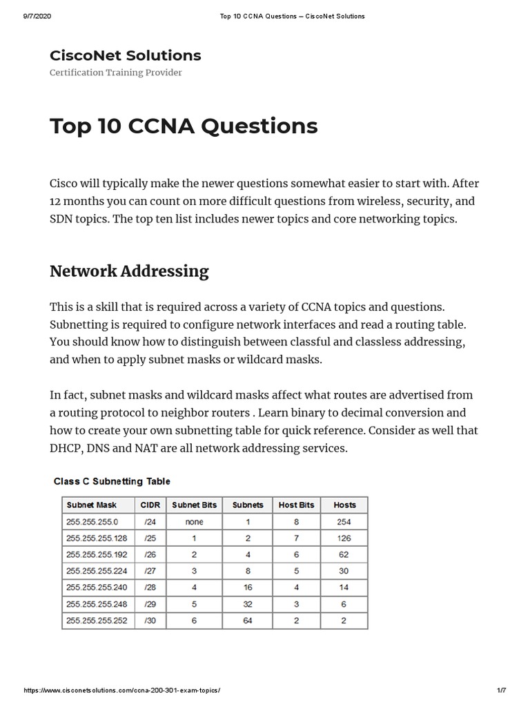 Top 10 CCNA Questions - CiscoNet Solutions | PDF | Cisco Certifications ...