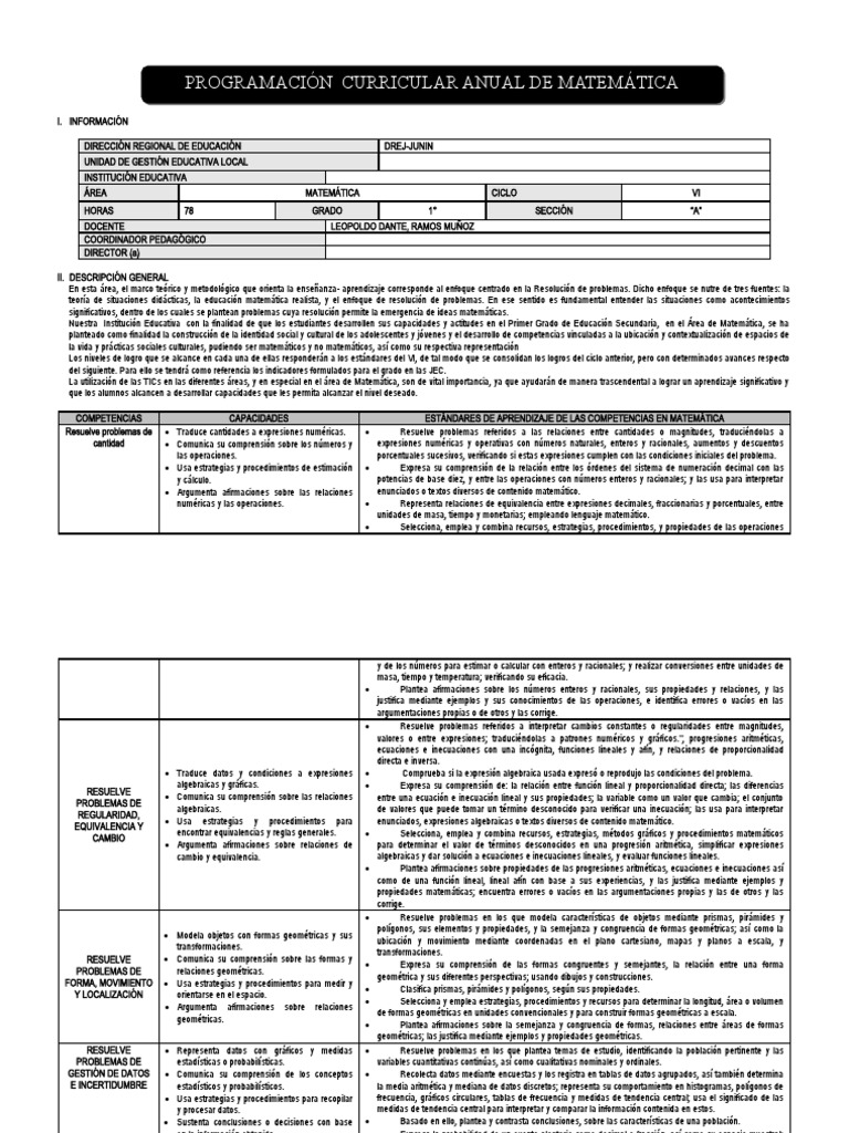 1ro Programacion Anual Matemática Ok | PDF | Números | Ecuaciones
