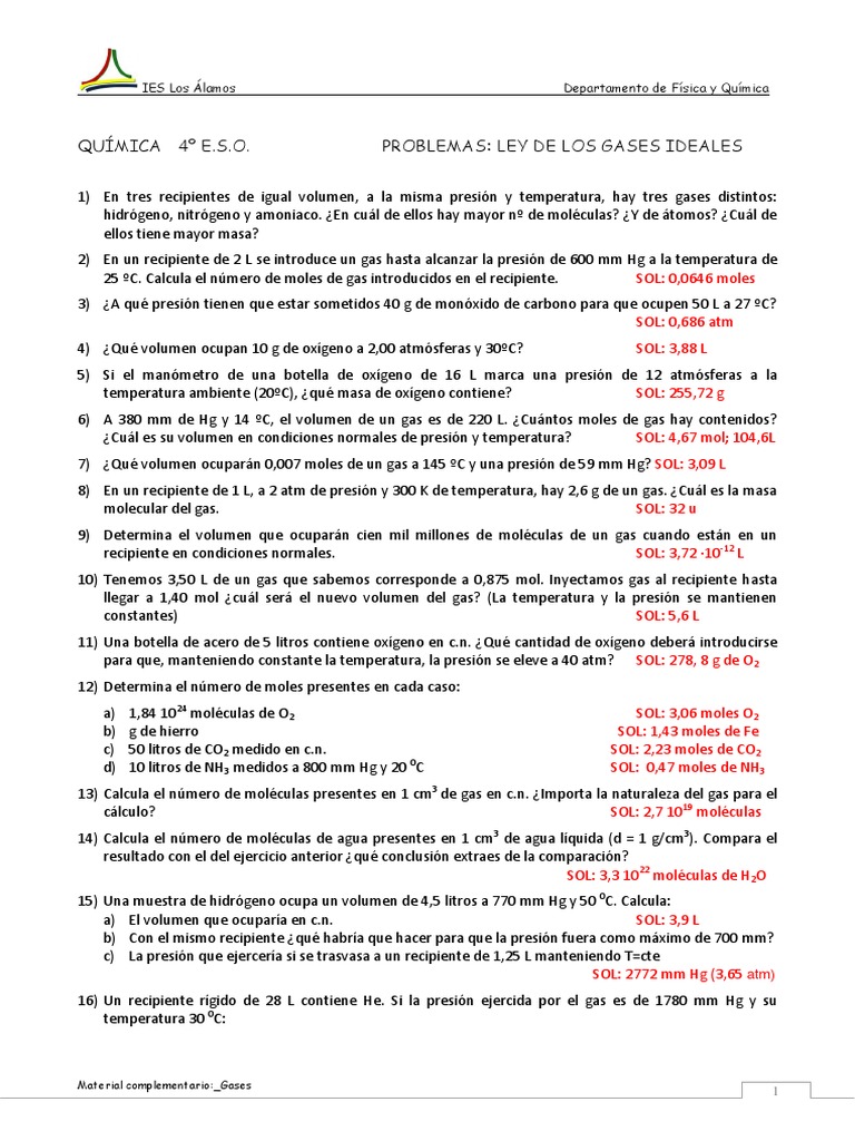 Ejercicios Leyes Gases, Moles | PDF | Gases | Mole (Unidad)