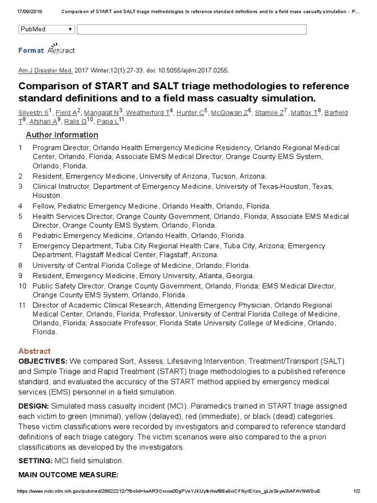 Comparison of START and SALT Triage Methodologies To Reference Standard ...
