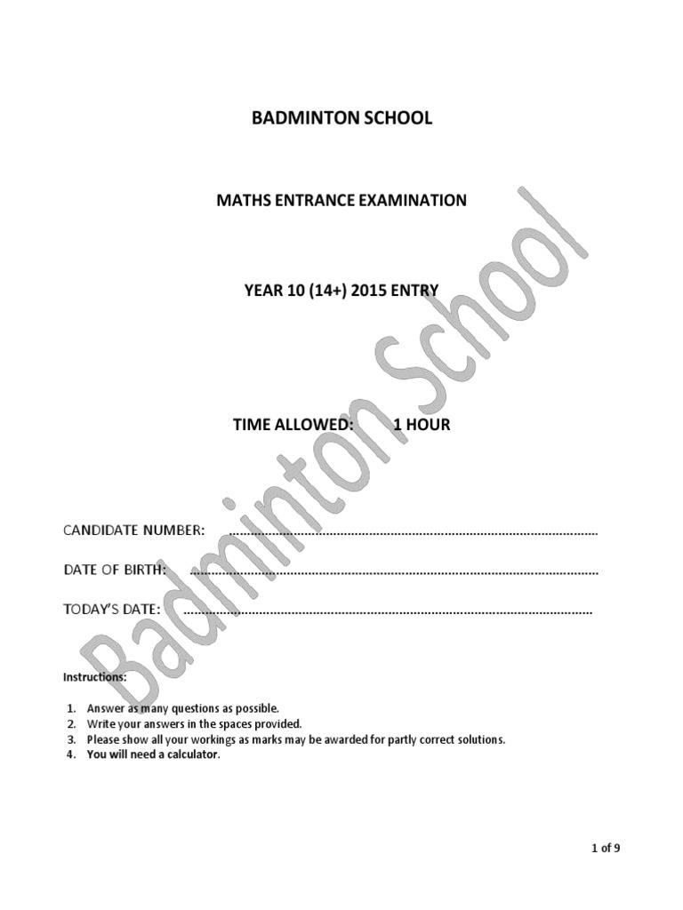 Badminton School: Maths Entrance Examination | PDF | Shape | Triangle