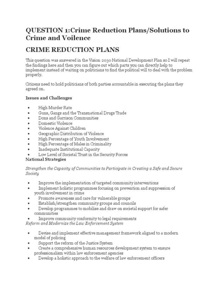 QUESTION 1:crime Reduction Plans/Solutions To Crime and Voilence Crime ...