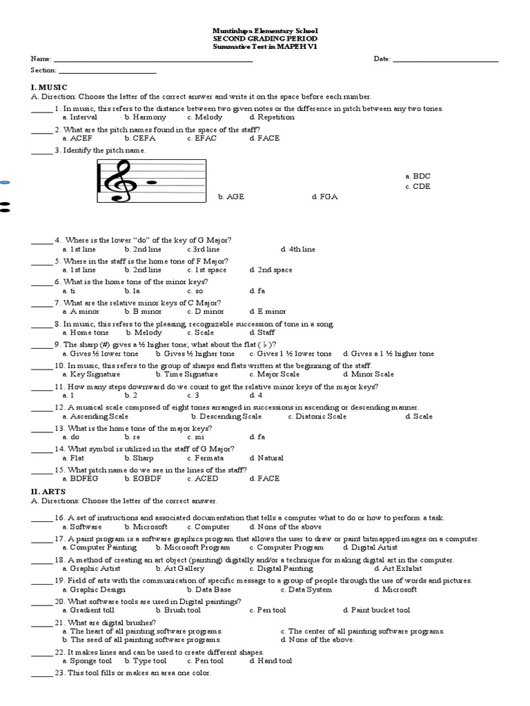 Summative Assessment on Music, Arts, Physical Education and Health for ...