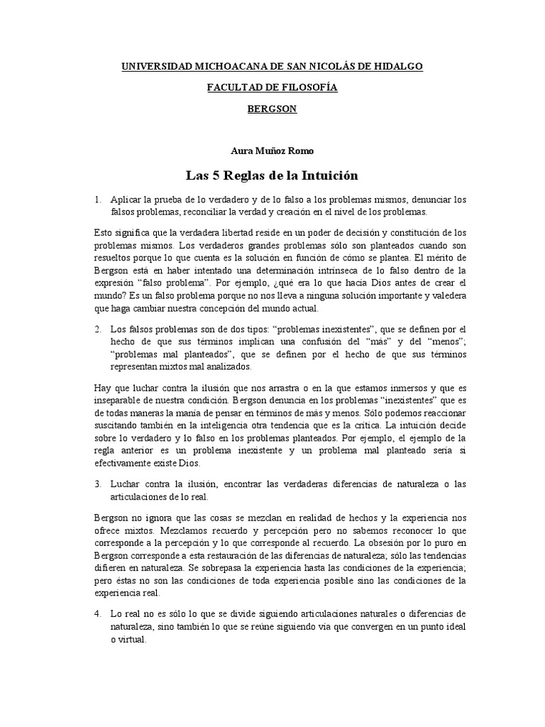 Las 5 Reglas Intuición Bergson | PDF | Henri Bergson | Intuición