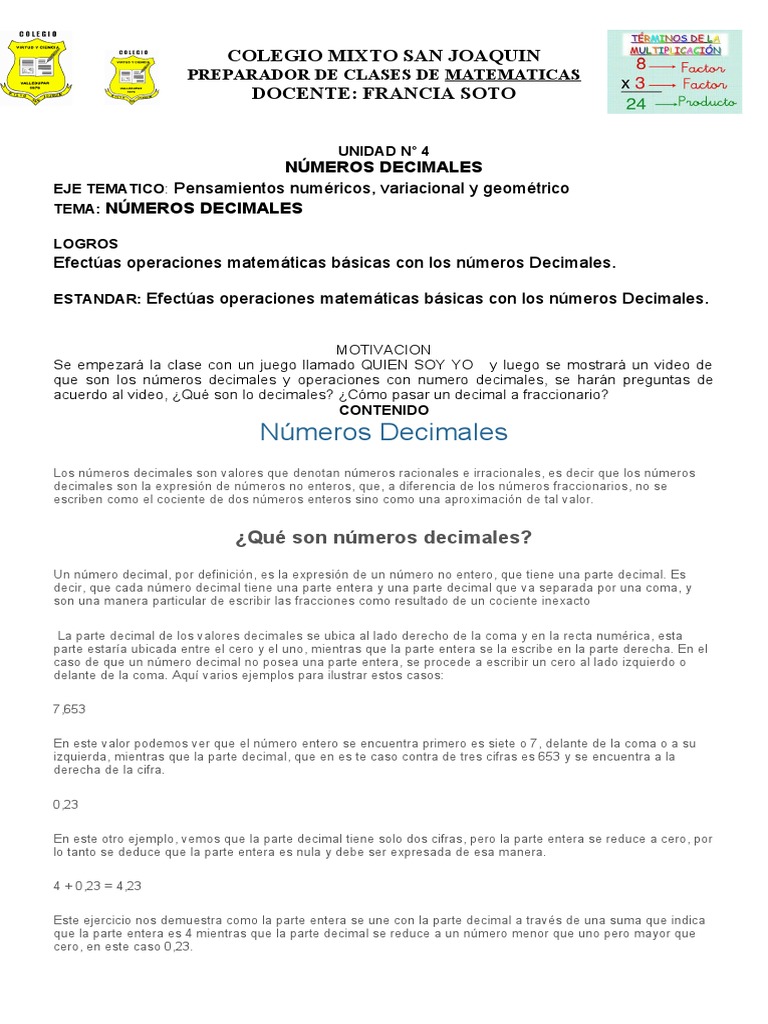 Numeros Decimales 4 Unidad 4 y 5 | PDF | División (Matemáticas) | Decimal
