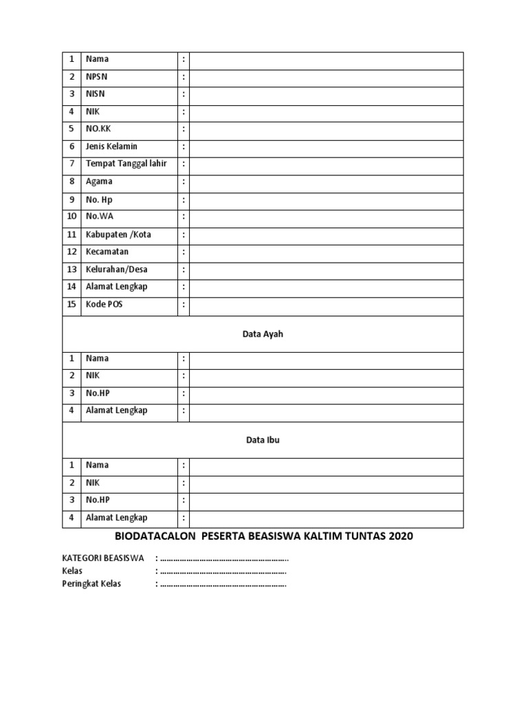 Formulir Data Beasiswa Kaltim Tuntas | PDF