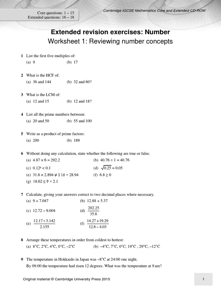 Worksheet 1: Reviewing Number Concepts: Extended Revision Exercises ...