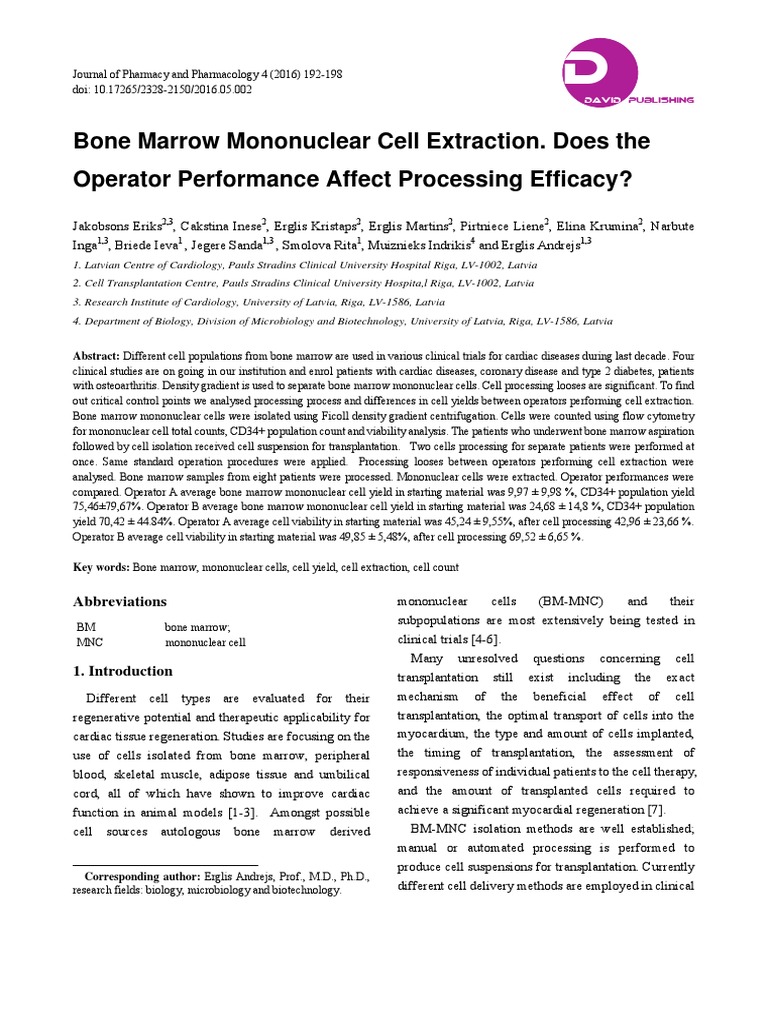 Bone Marrow Mononuclear Cell Extraction. Does The Operator Performance ...