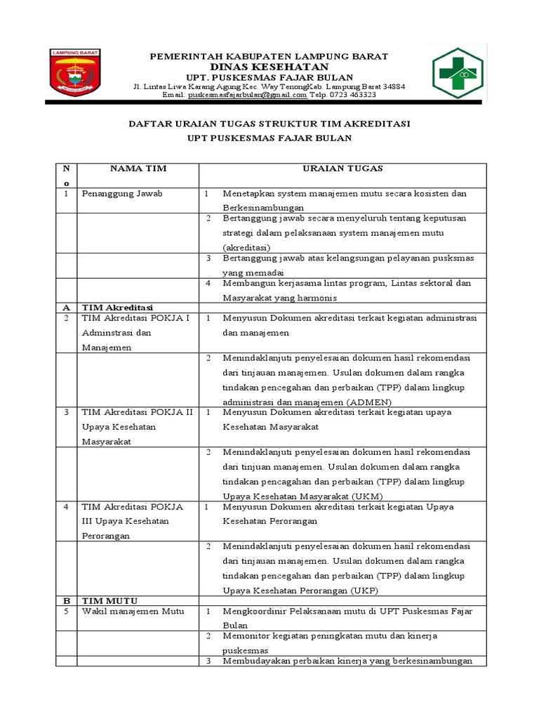 Struktur Tim Akreditasi Puskesmas Fajar Bulan | PDF | Karier ...