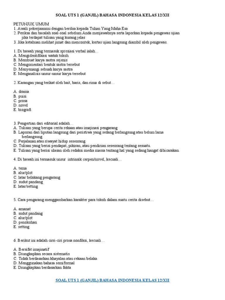 Soal Uts 1 Bahasa Indonesia Sma SMK Kelas 12 | PDF