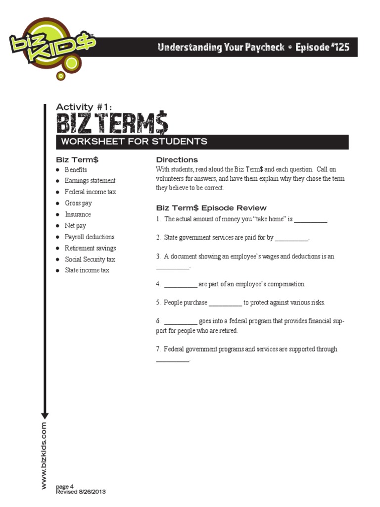 Paycheck Vocabulary Worksheet | PDF | Business | Finance & Money Management