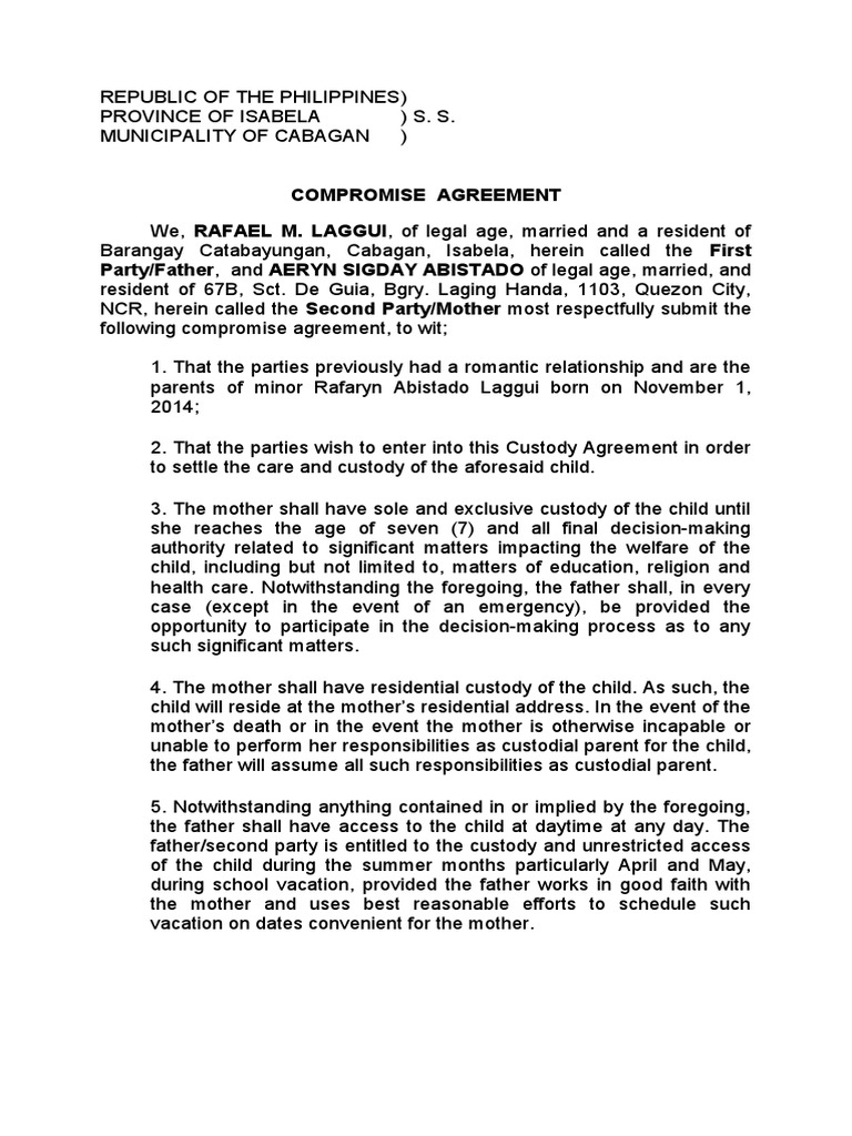 Custody Agreement PDF Child Custody Family