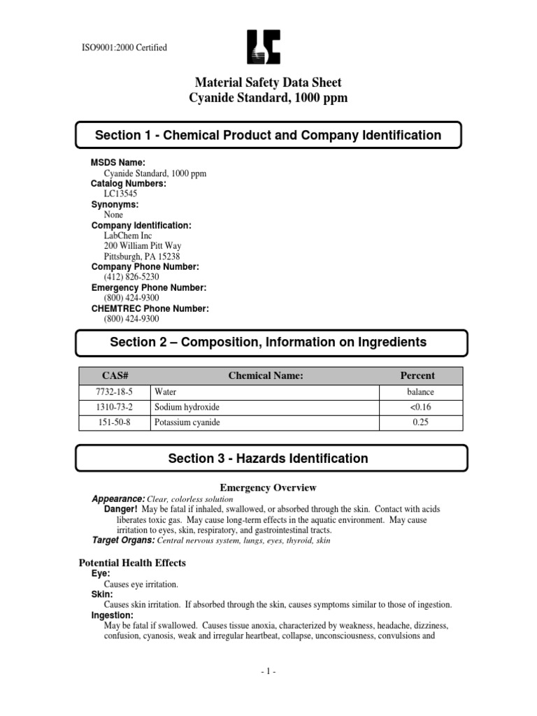 Material Safety Data Sheet Cyanide Standard, 1000 PPM Section 1 ...