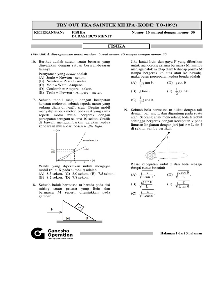 Try Out Tka Saintek Xii Ipa (Kode: To-1092) : Keterangan: Fisika Durasi ...