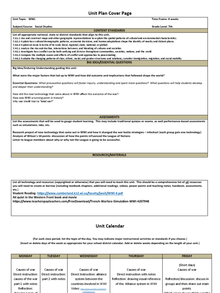 Unit Plan Cover Page: Content Standards | PDF | Educational Assessment ...