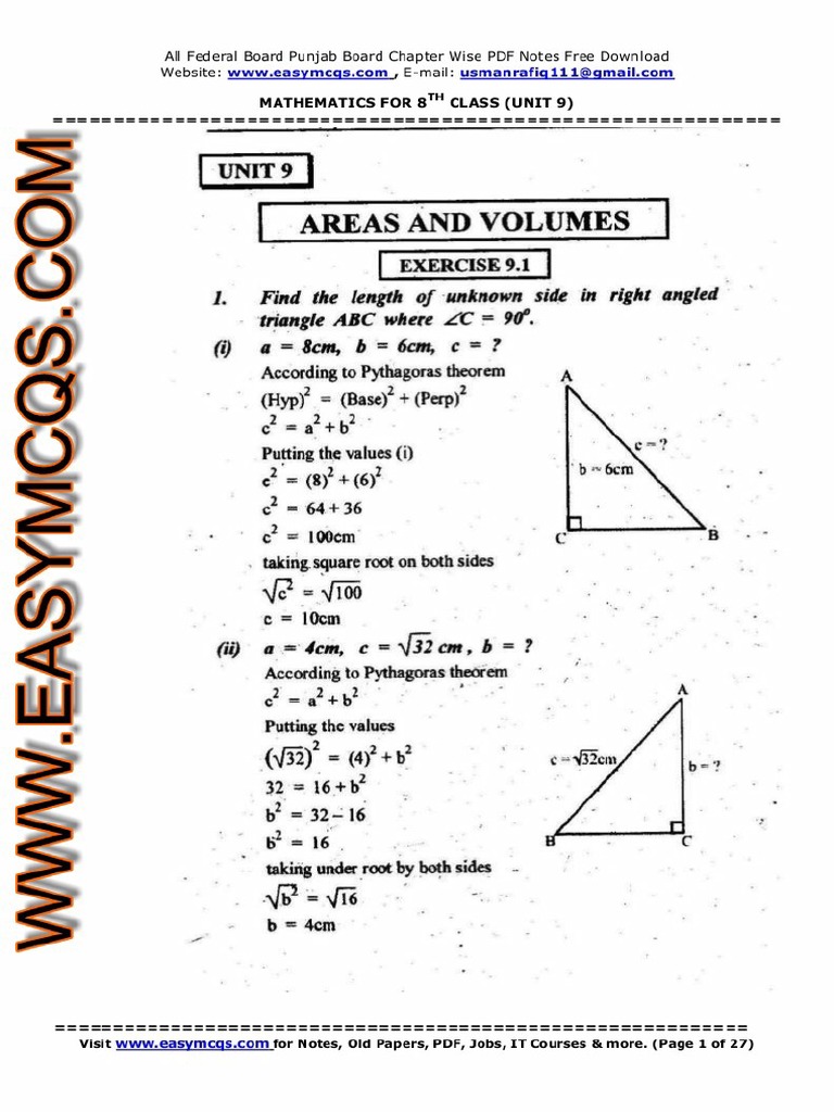 8th Math Solved Exercises Unit 9 Notes | PDF