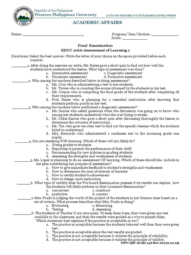 Final Exam: Assessment of Learning 1 | PDF | Educational Assessment ...