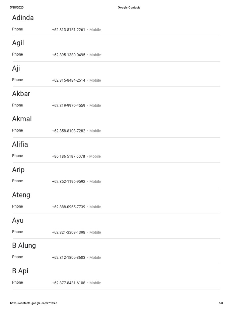 Google Contacts Phone List | PDF