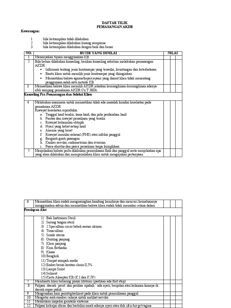 Checklist Pemasangan Iud | PDF