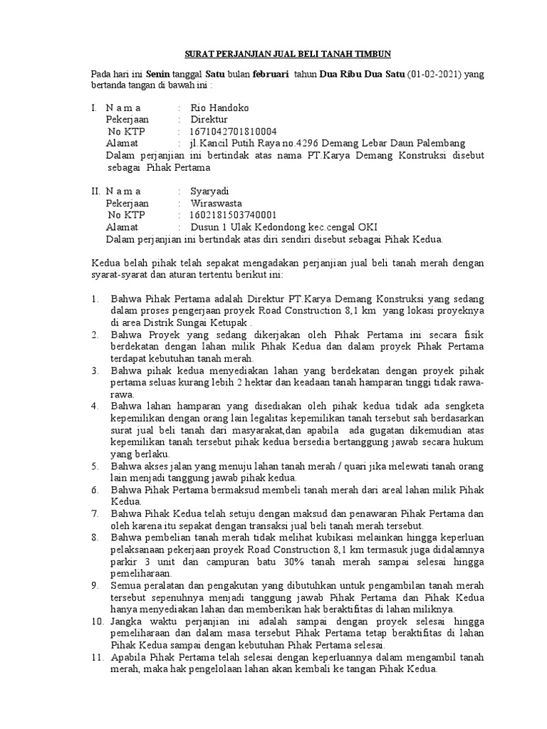 DRAF SURAT-PERJANJIAN-Jual-Beli-Tanah-Timbun PT - KDK | PDF
