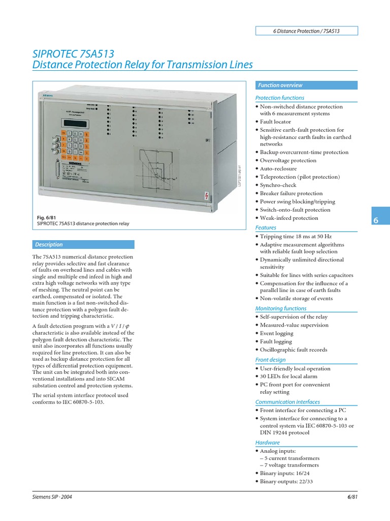SIPROTEC 7SA513 Distance Protection Relay For Transmission Lines | PDF ...