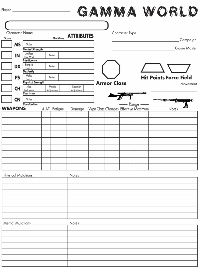 Gamma World First Edition Character Sheet 1 of 2 | PDF