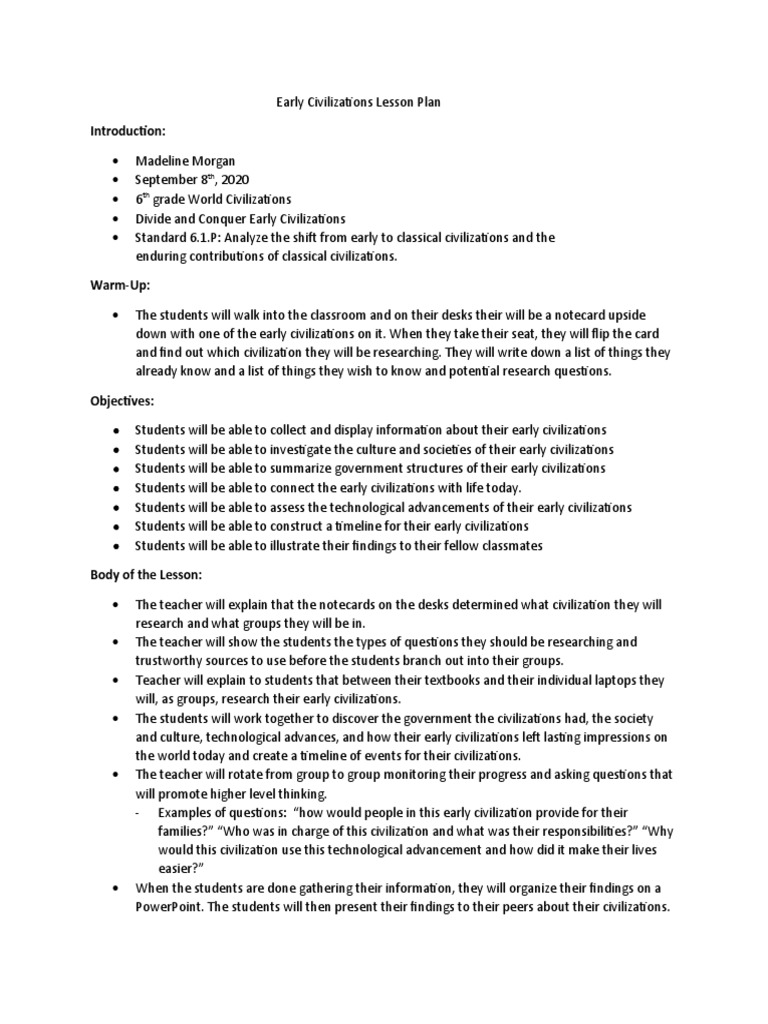 6th Grade Early Civilizations Lesson Plan | PDF | Civilization | Worksheet