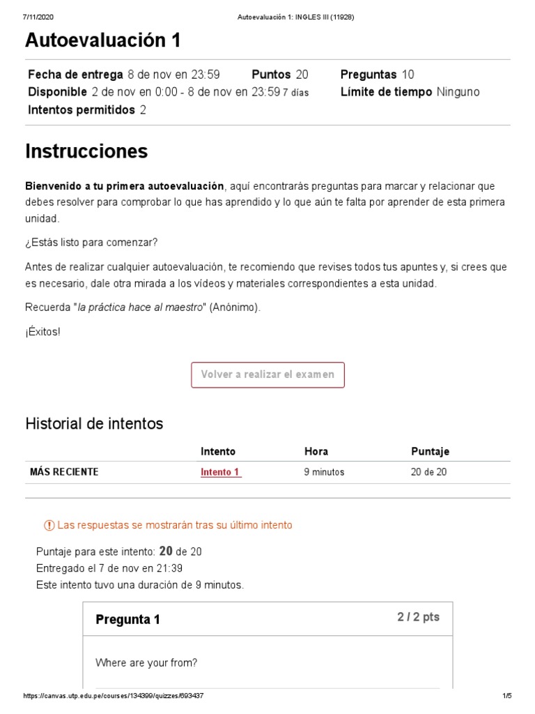 Autoevaluación 1 - INGLES III (11928) | PDF