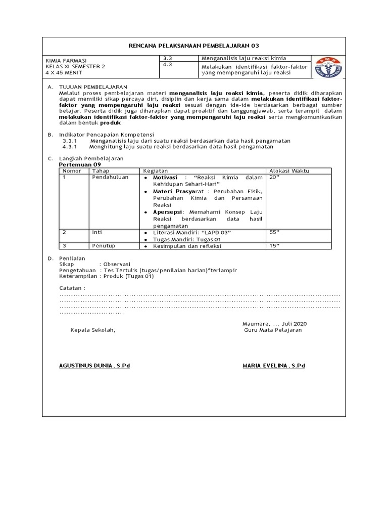 RPP 1 Lembar Pertemuan 03 - Laju Reaksi - Xi | PDF