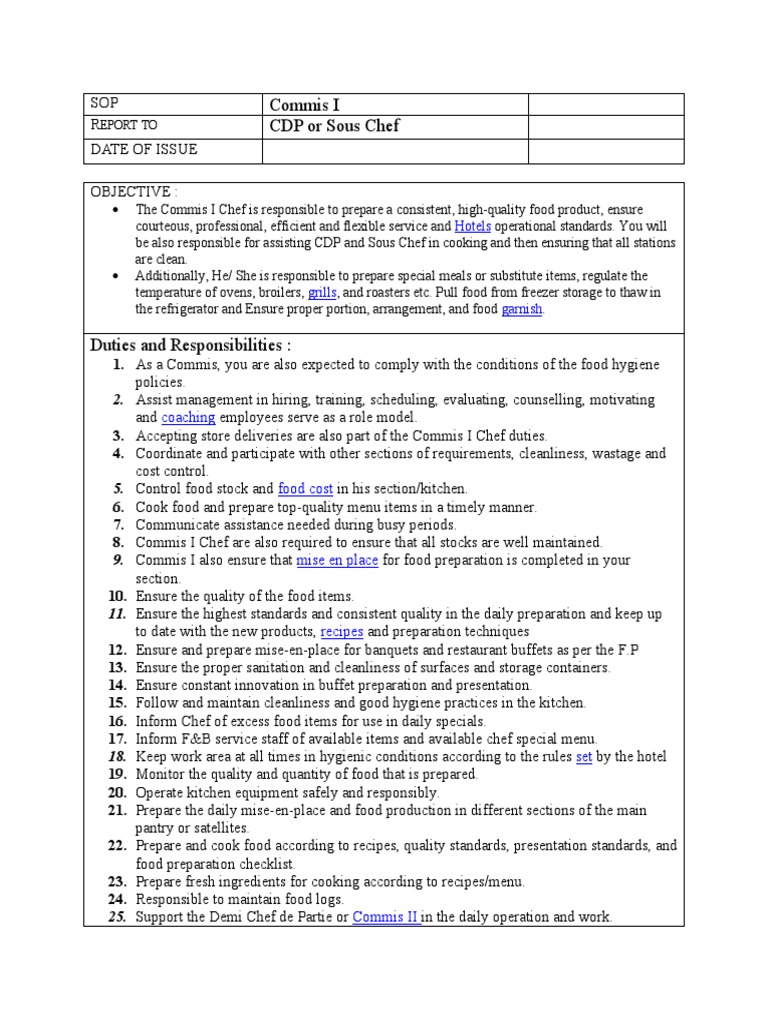 Job Description Commis I | PDF | Chef | Kitchen