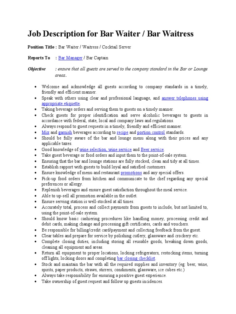 Job Description For Bar Waiter | PDF | Waiting Staff | Point Of Sale