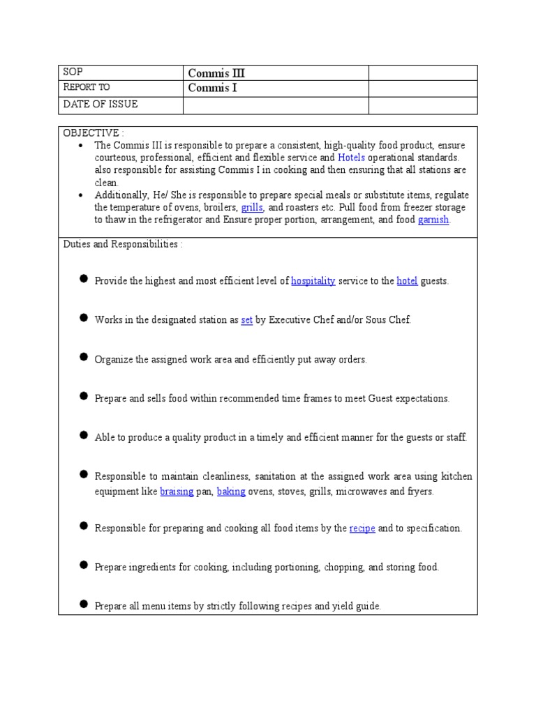 Commis III Job Description | PDF | Chef | Grilling