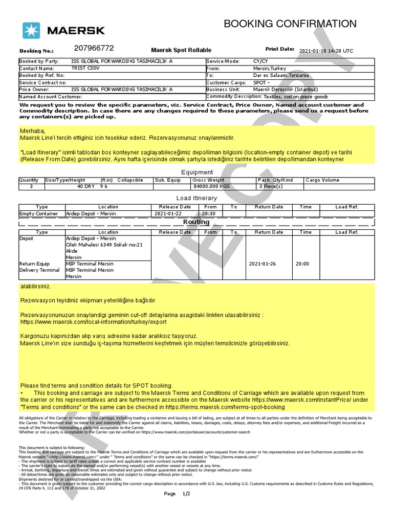 Archive Copy: Booking Confirmation | PDF | Cargo | Bill Of Lading