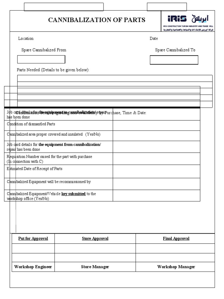Cannibalization of Parts: Workshop Engineer Store Manager Workshop ...