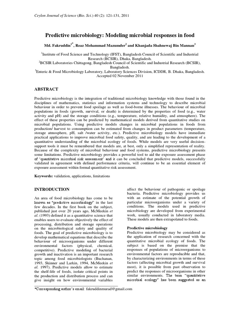 Predictive Microbiology: Modeling Microbial Responses in Food | PDF ...