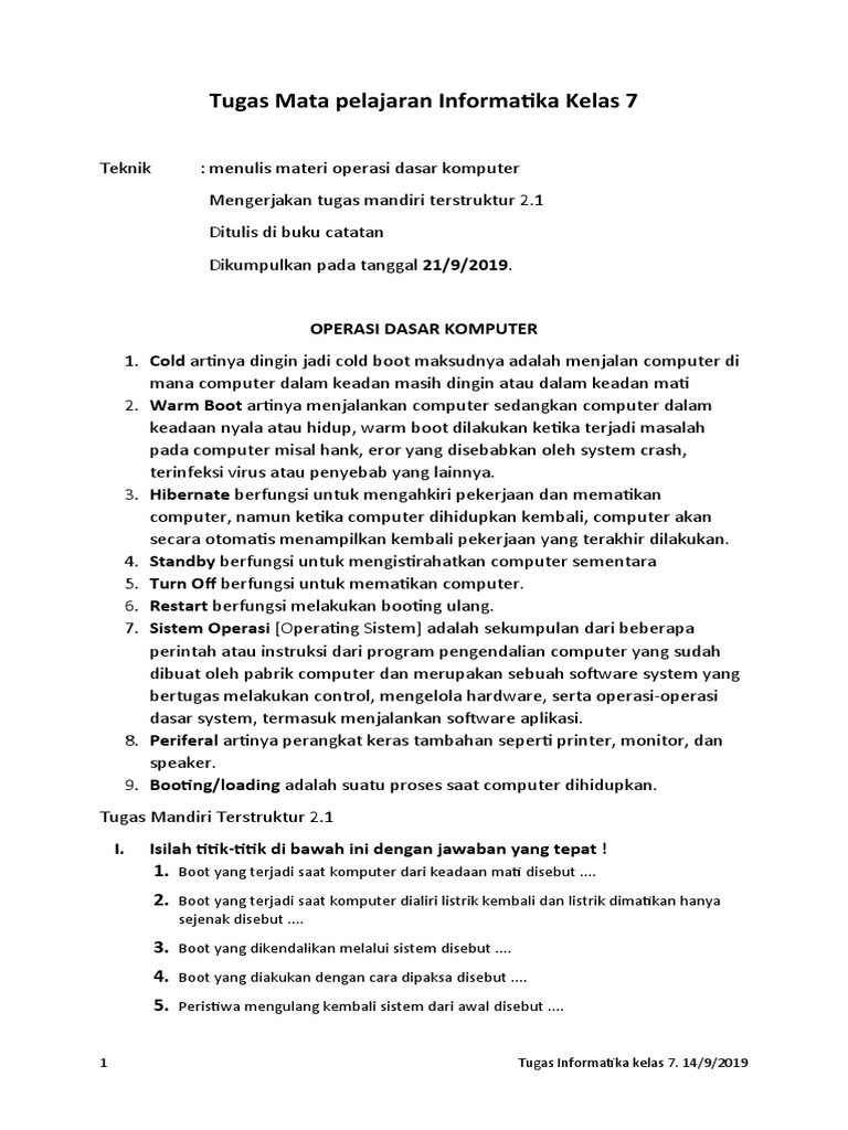 Tugas Informatika Kelas 7: Operasi Dasar | PDF | Komputer
