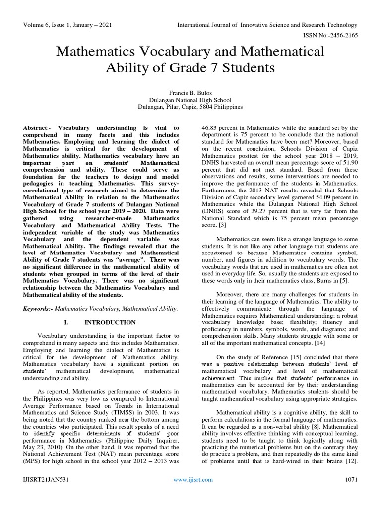 Mathematics Vocabulary and Mathematical Ability of Grade 7 Students ...
