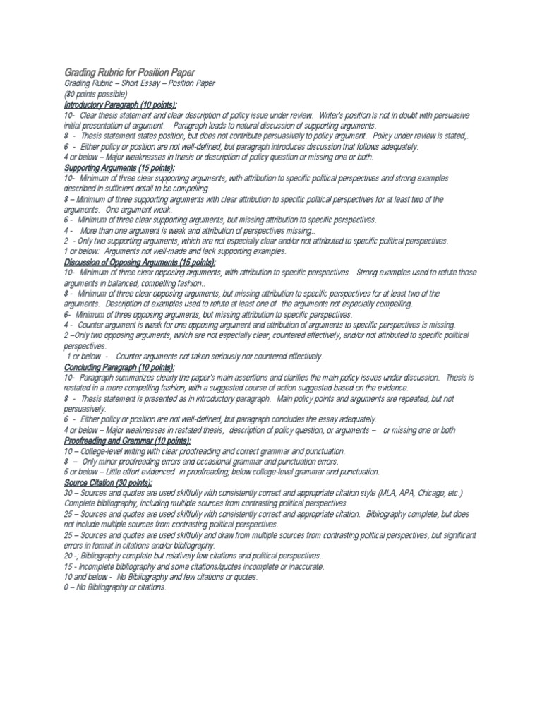Grading Rubric For Position Paper | PDF | Proofreading | Citation
