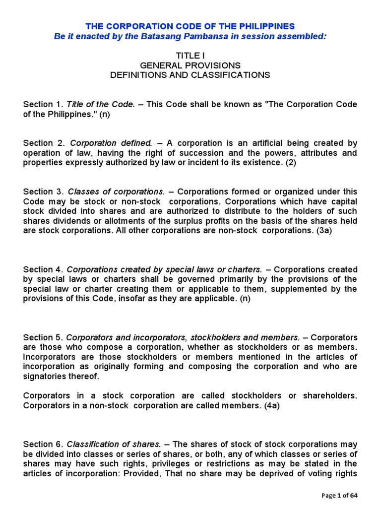 The Corporation Code of The Philippines | PDF | Corporations ...