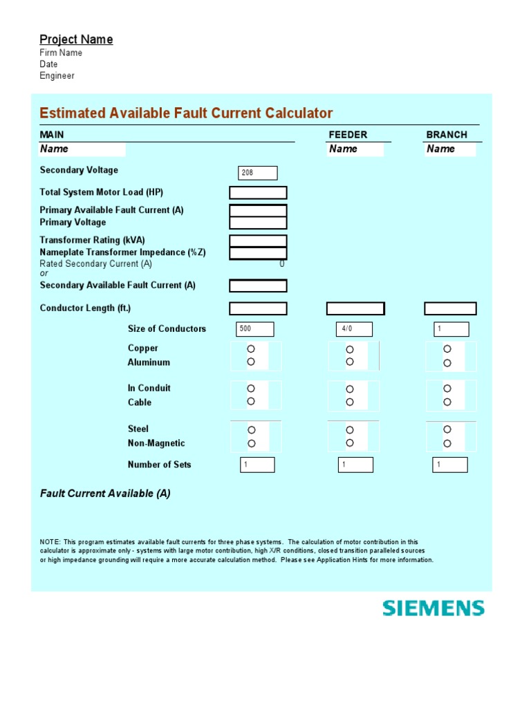 Estimated Available Fault Current Calculator: Project Name | PDF ...