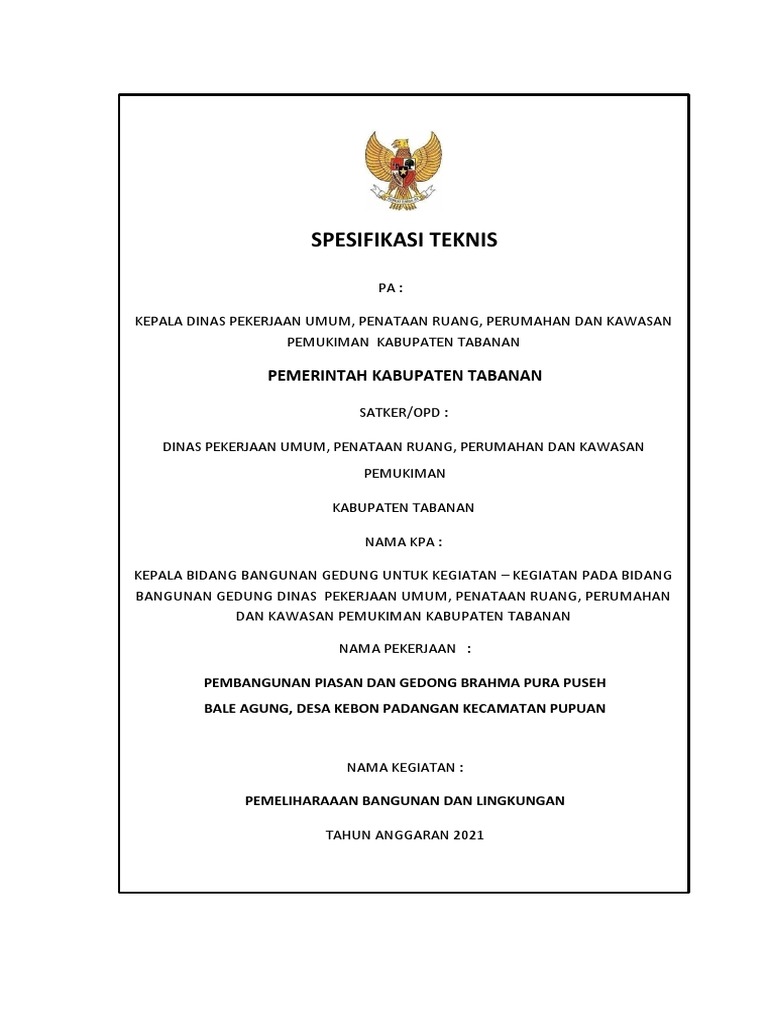 Spesifikasi Teknis Bale Piasan Dan Gedong Brahma | PDF