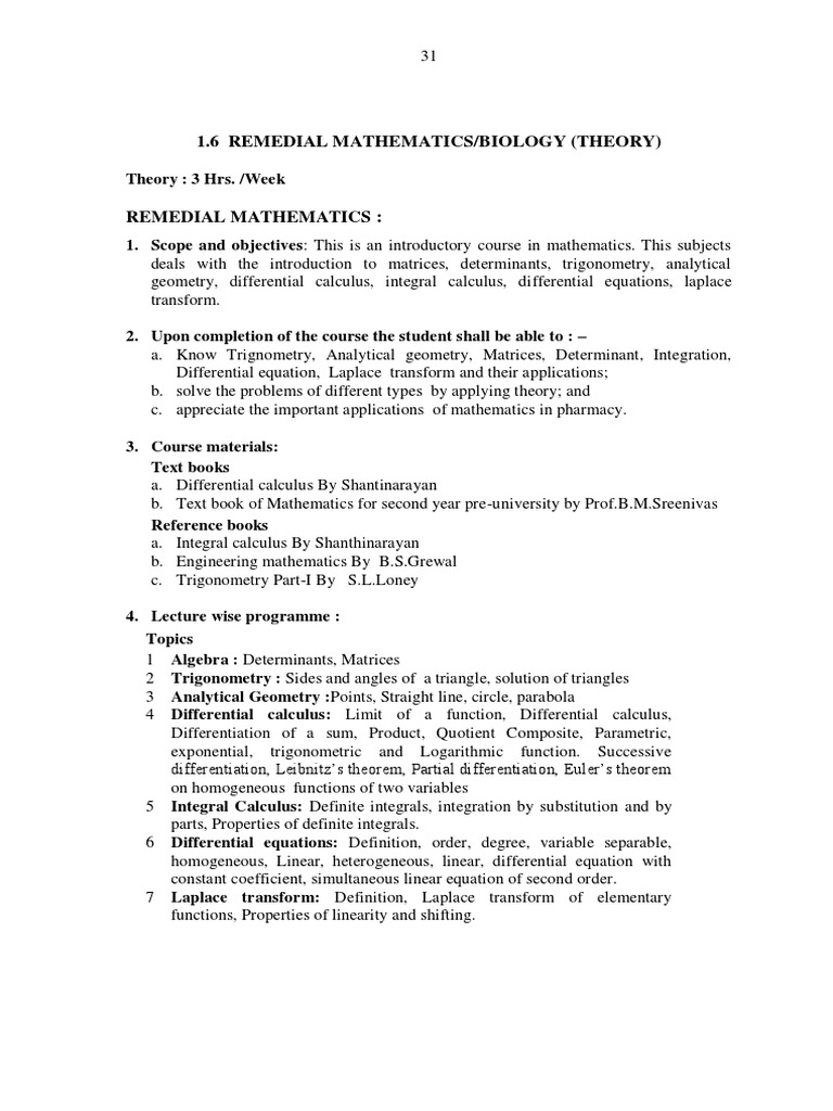 Remedial Mathematics for Pharmacy Students | PDF