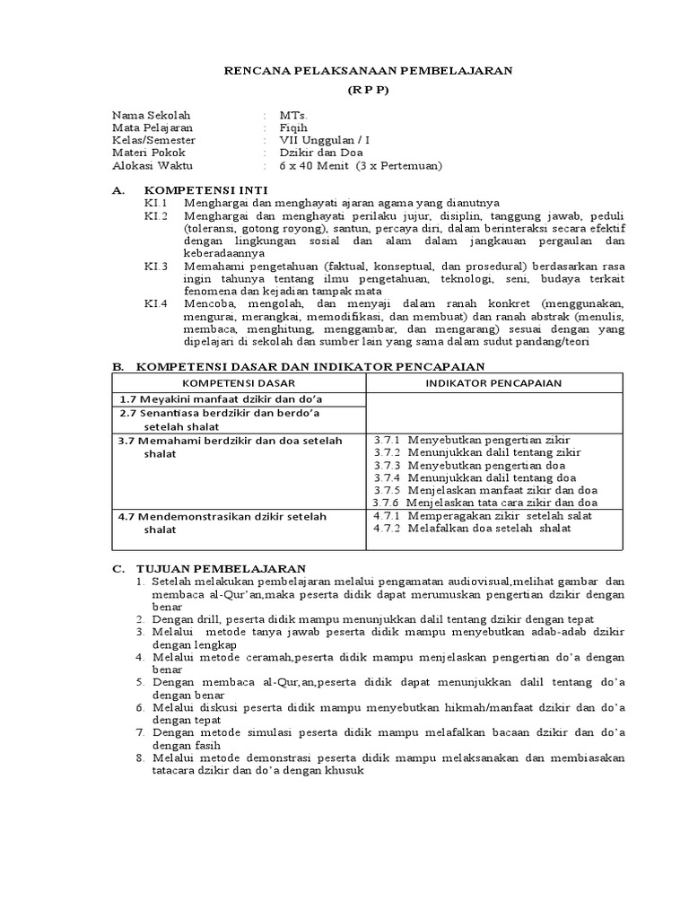 RPP FIKIH 7 Ganjil KD 3.7 ZIKIR DOA | PDF