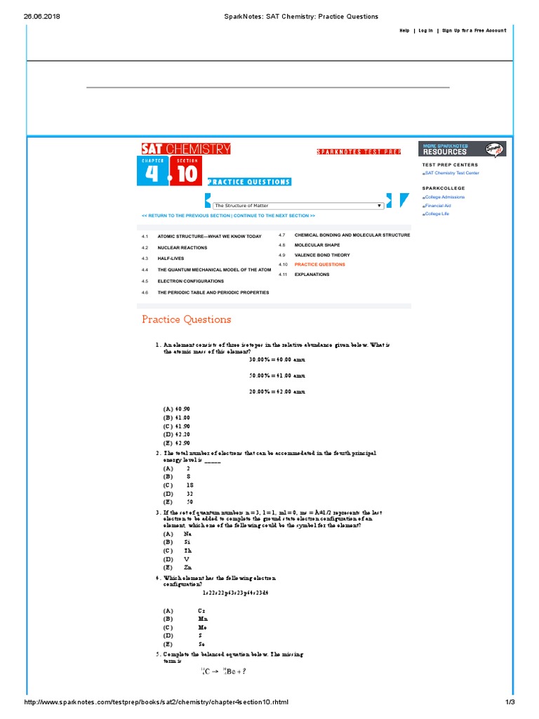 SparkNotes-Atom-Practice Questions | PDF | Chemical Polarity | Chemical ...
