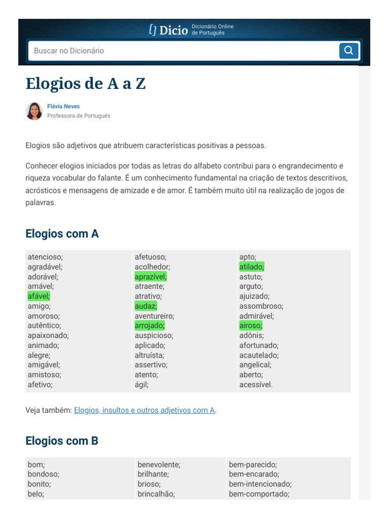 Elogios de A A Z - Lista de Elogios Com Todas As Letras - Dúvidas de ...