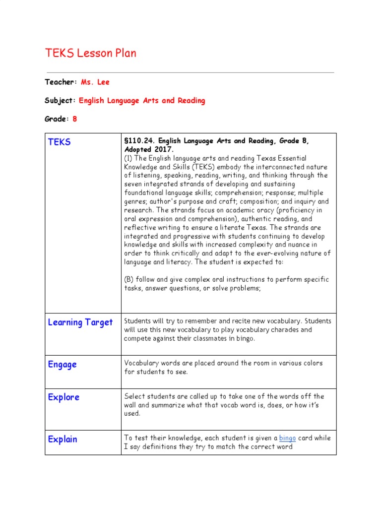 Teks Lesson Plan | PDF | Vocabulary | Reading Comprehension