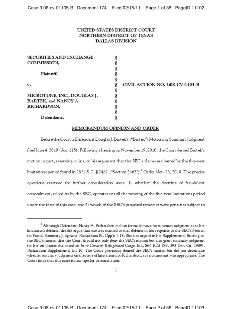 Ruling in Microtune Options Backdating Case | PDF | Statute Of ...